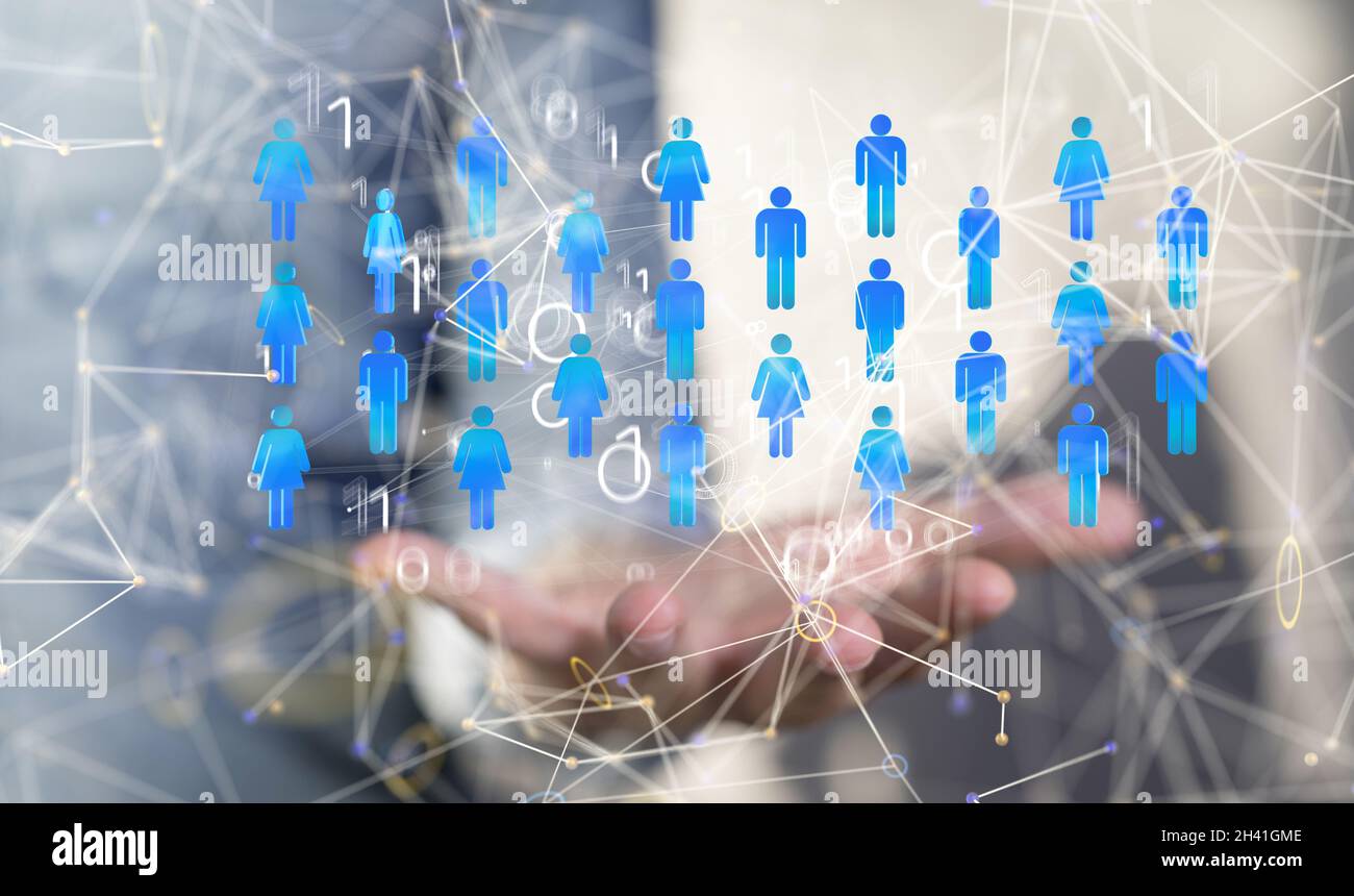 A 3D rendering of a group of floating people icons on a businessman's ...