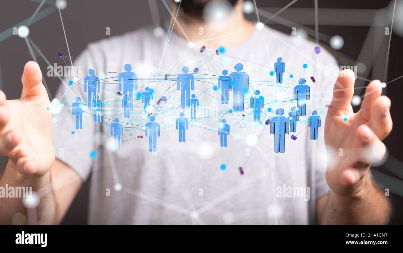 A 3D rendering of a group of floating people icons on a businessman's ...