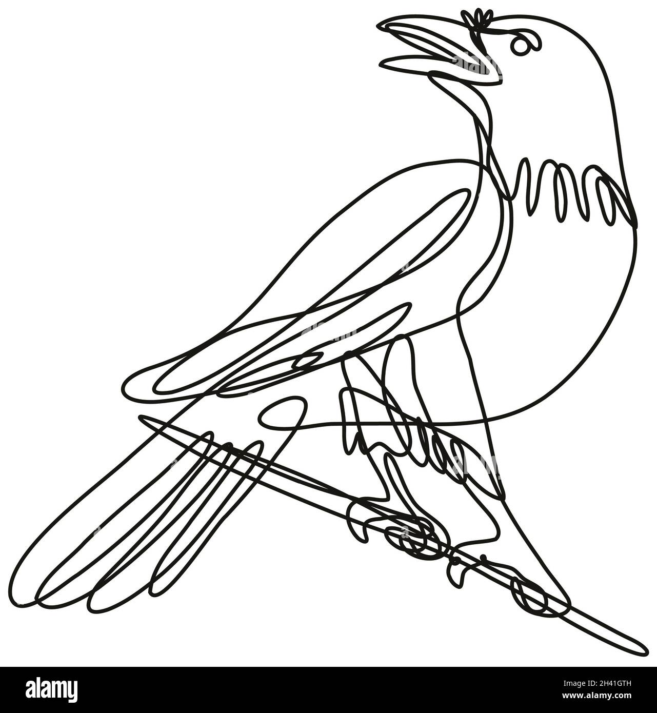 Common Raven Perching on Branch Continuous Line Drawing Stock Photo - Alamy