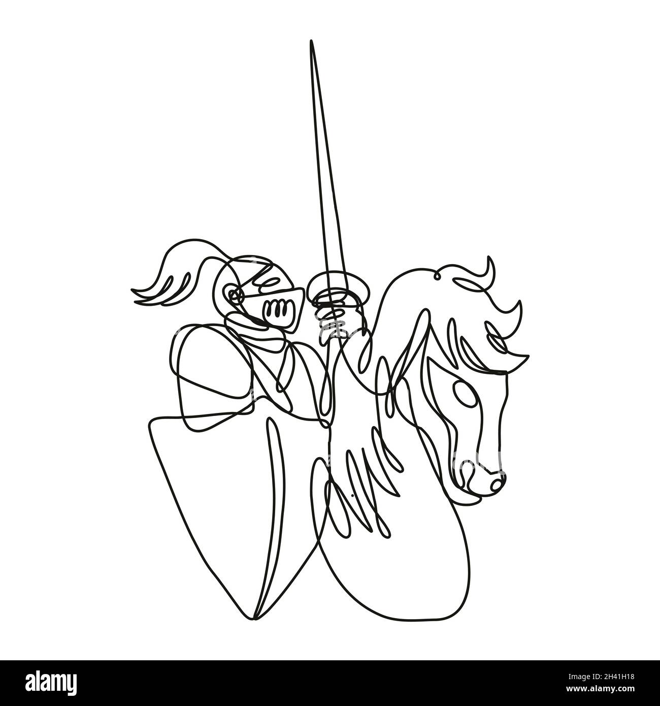 Knight With Lance and Shield Riding Stead Continuous Line Drawing Stock ...