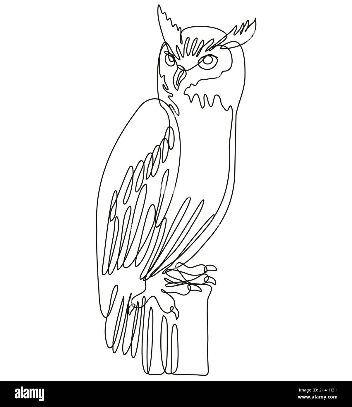 Tiger Owl or Great Horned Owl Perching on Tree Stump Continuous Line ...
