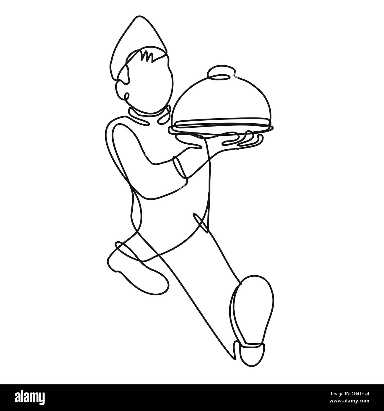 Waiter or Food Server Serving a Food Platter Front View Continuous Line ...