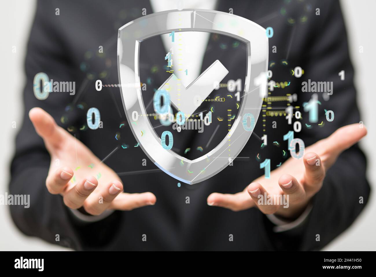 A man holding 3d information technology protected with firewall concept ...