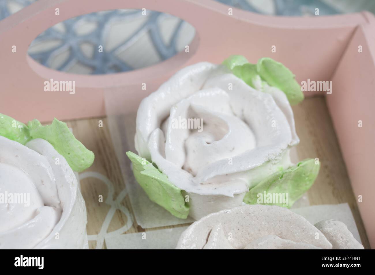 Homemade marshmallow. Zephyr roses. Marshmallow roses. Close-up shot ...