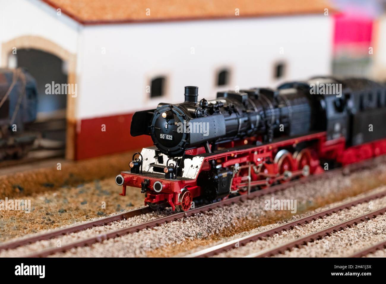 Model train in operation at a model train exhibition. Macro photography ...
