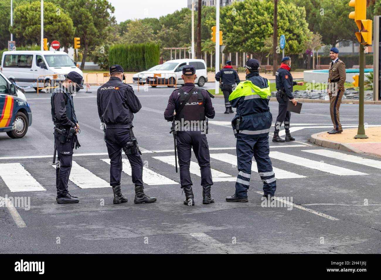 Huelva, Spain - October 30, 2021: Back view of Spanish police local and ...
