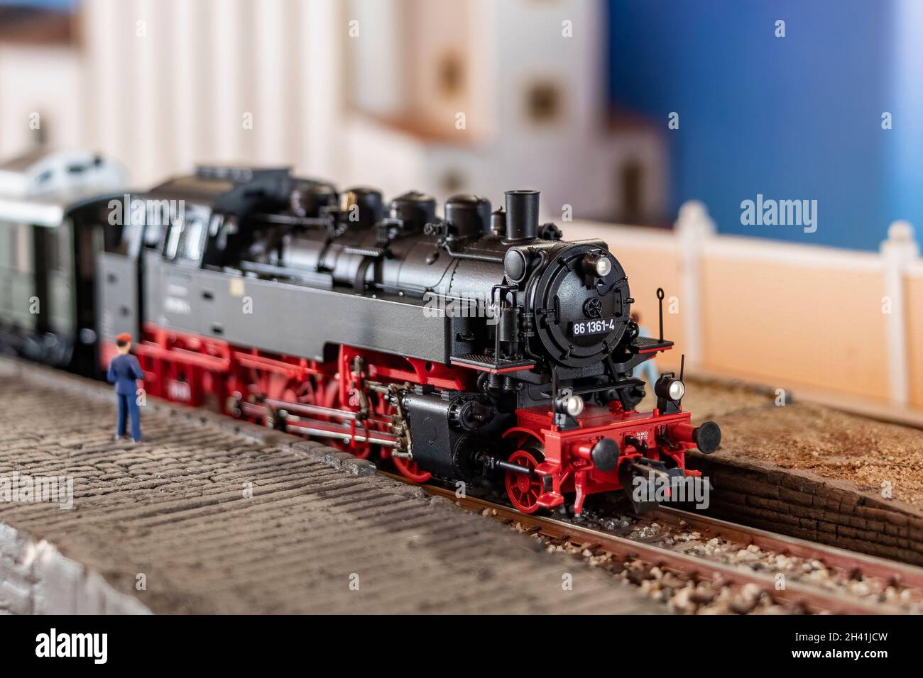 Model train in operation at a model train exhibition. Macro photography ...