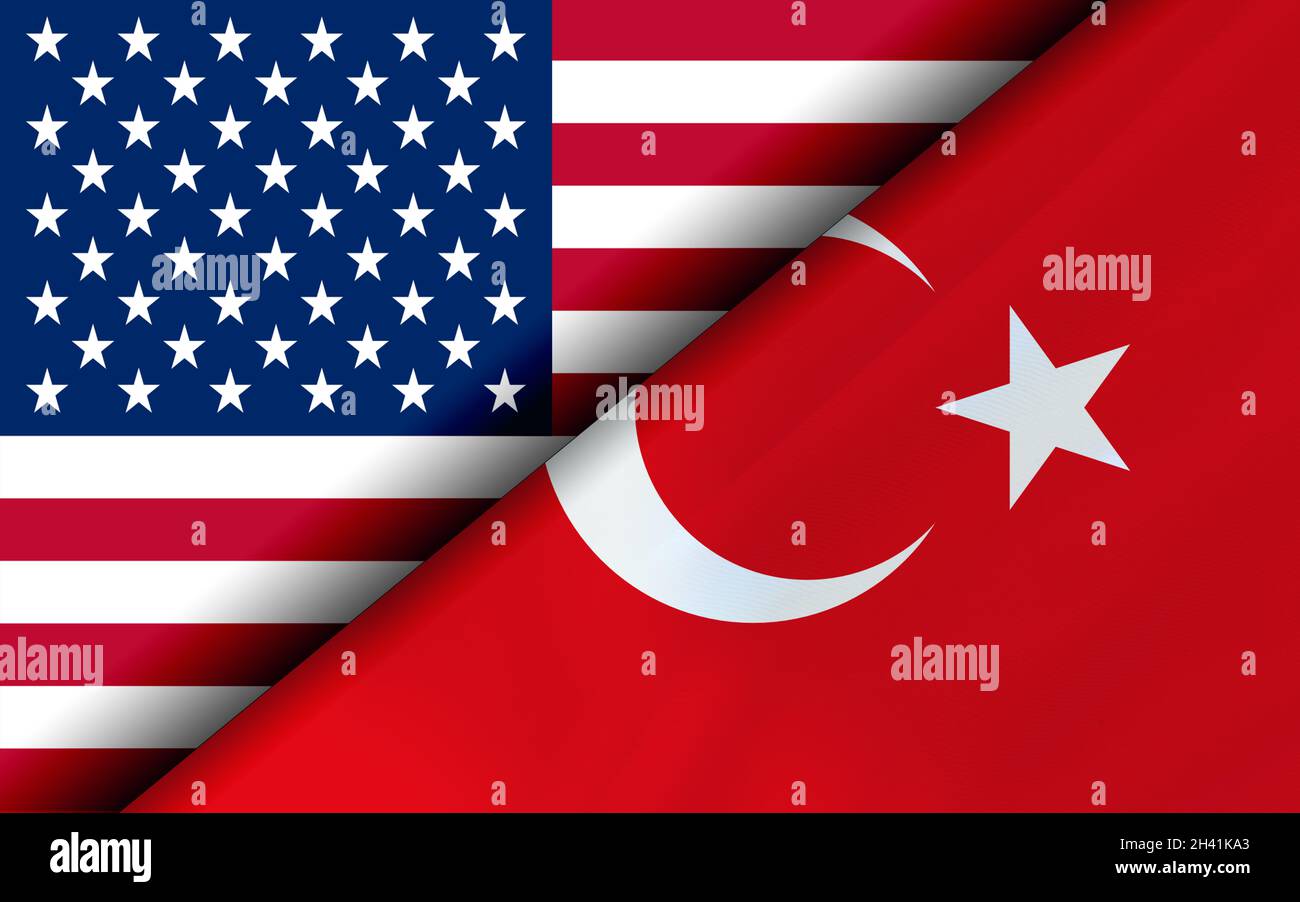 Flags of the USA and Turkey divided diagonally Stock Photo - Alamy