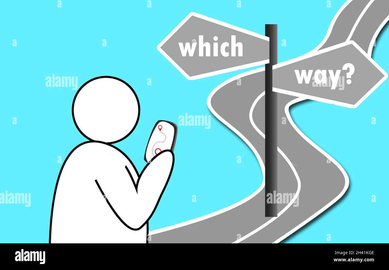 Which way road sign with puppet Stock Photo - Alamy