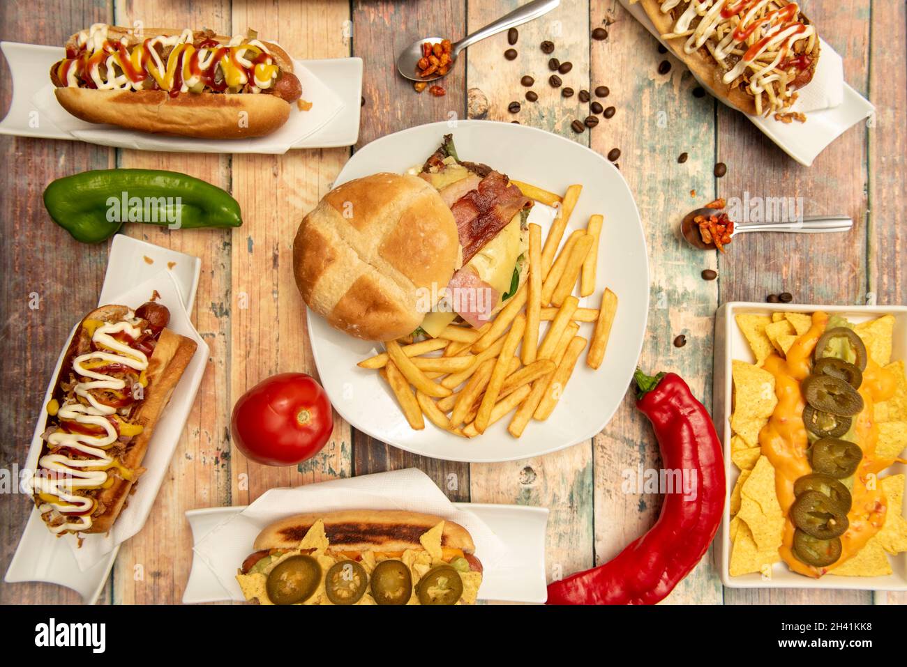 Fast food top view image with beef burger with fries and bacon, bell ...