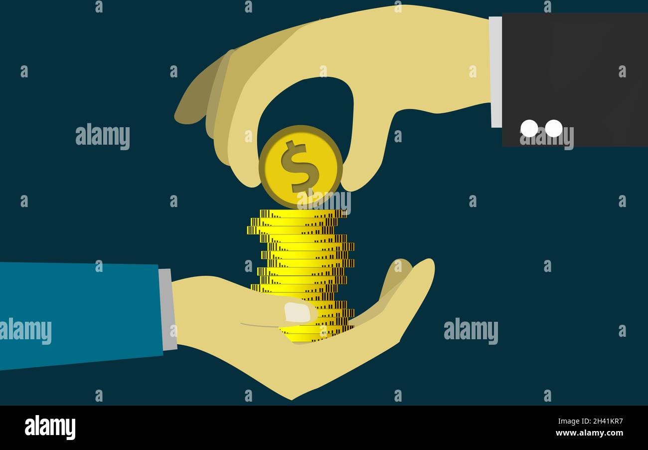 Hand putting coins in other hand Stock Photo - Alamy