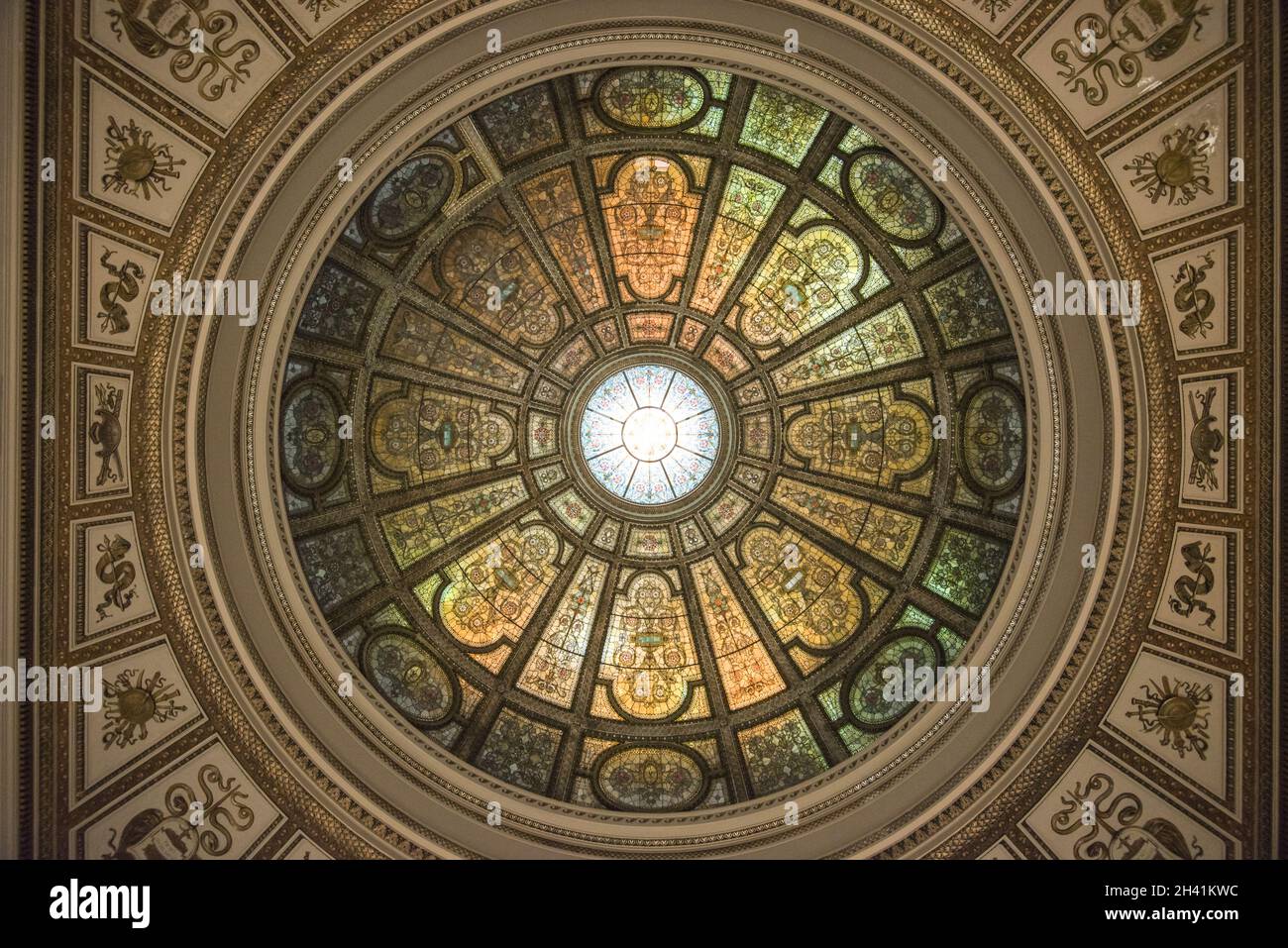 A beautiful window in the ceiling of the Chicago library, USA Stock ...
