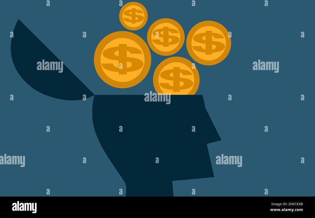 Gold coins with open human head Stock Photo - Alamy