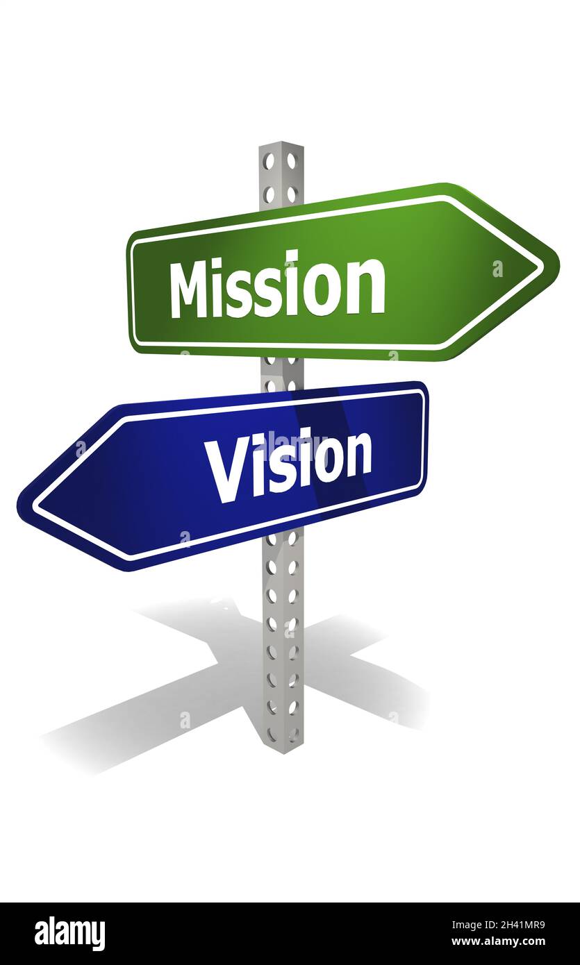 Road sign with mission and vision word Stock Photo - Alamy