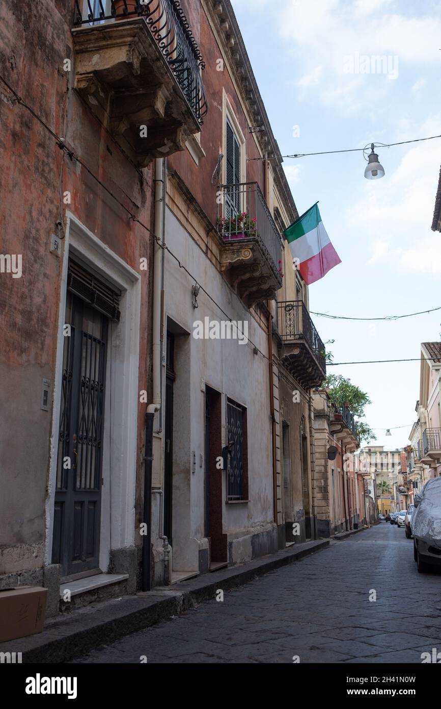 Riposto, Sicily - 17 July 2020: old town Riposto, street and buildings ...