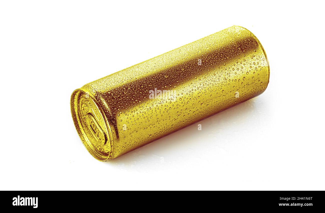 Template of a golden empty can with drops, aluminum can with alcohol ...