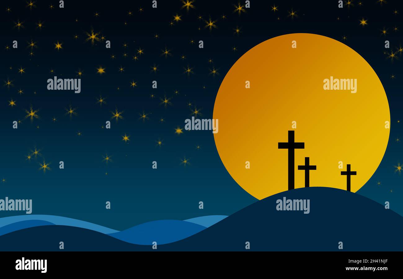 Cross on the mountain with full moon Stock Photo - Alamy