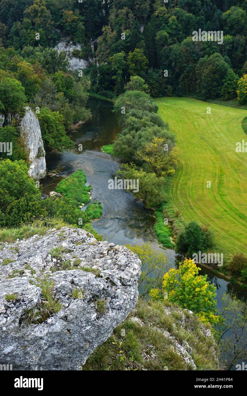 Upper Danube nature park, view to the danube valley, Germany Stock ...