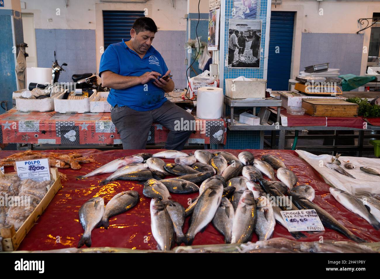 Riposto, Sicily - 20 July 2020: traditional fish market in Riposto ...