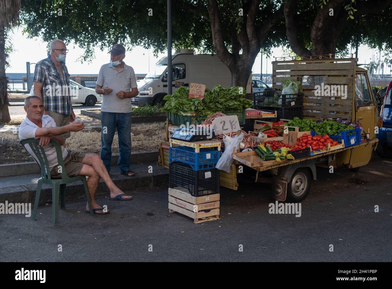 Riposto, Sicily - 15 July 2020: street vegetables market in Sycily ...