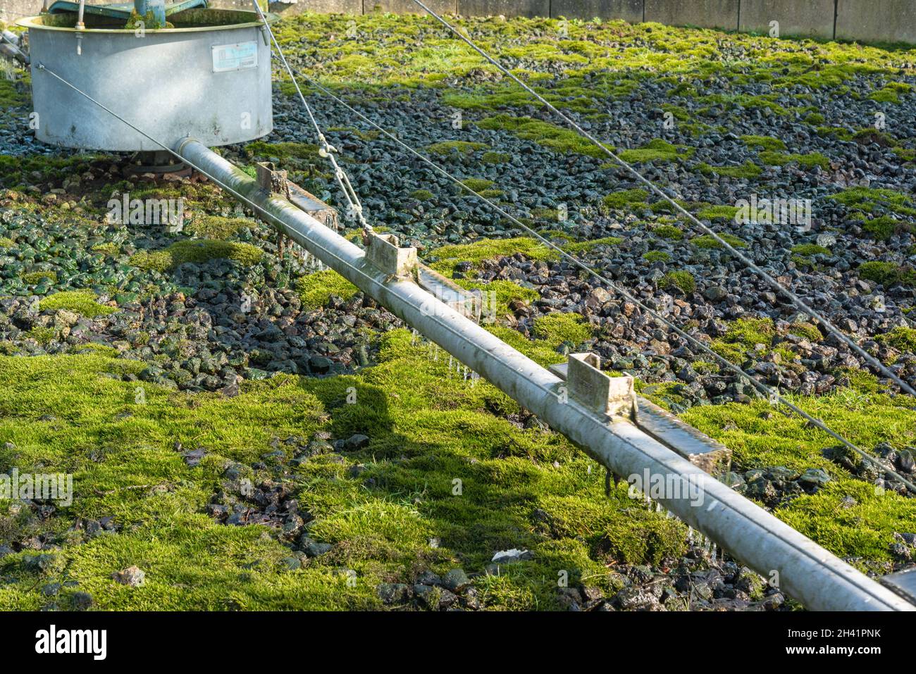 Rotary arm turning over biological filter bed, sewage treatment works ...