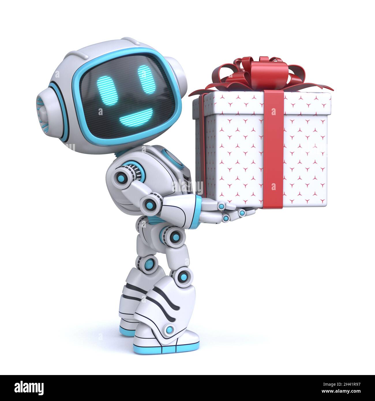 Cute blue robot holding gift box 3D Stock Photo - Alamy