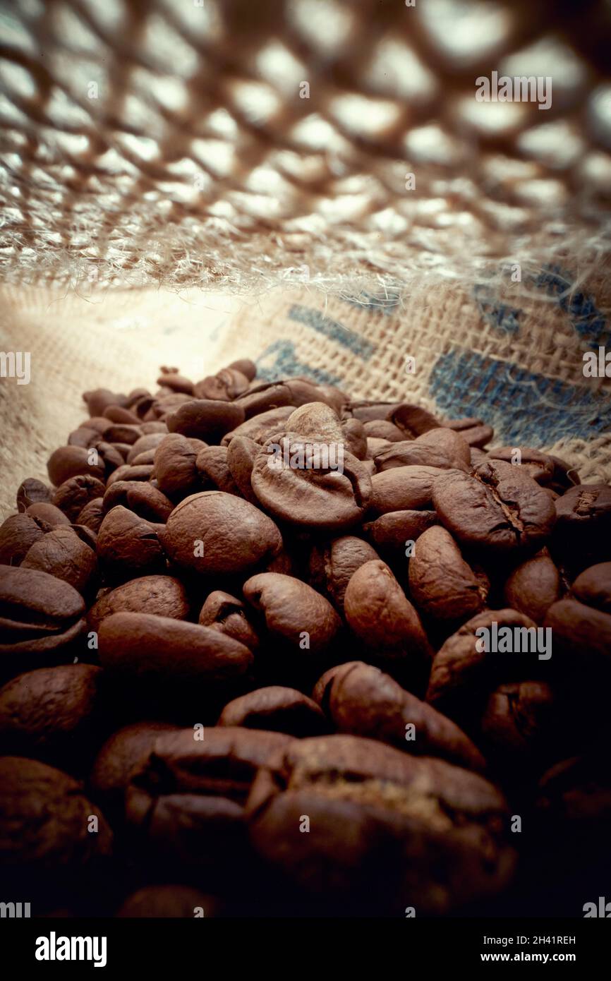Inside the bag full of fragrant and aromatic roasted coffee beans ...