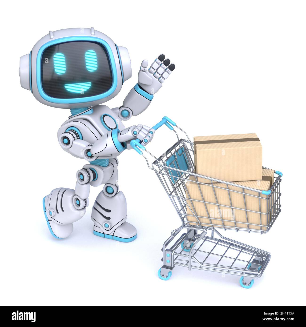 Cute blue robot push shopping cart 3D Stock Photo - Alamy