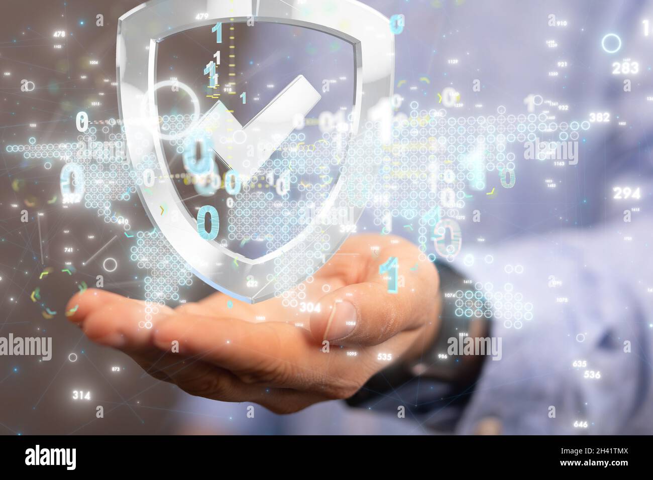 A man hand holding 3d information technology protected with firewall ...