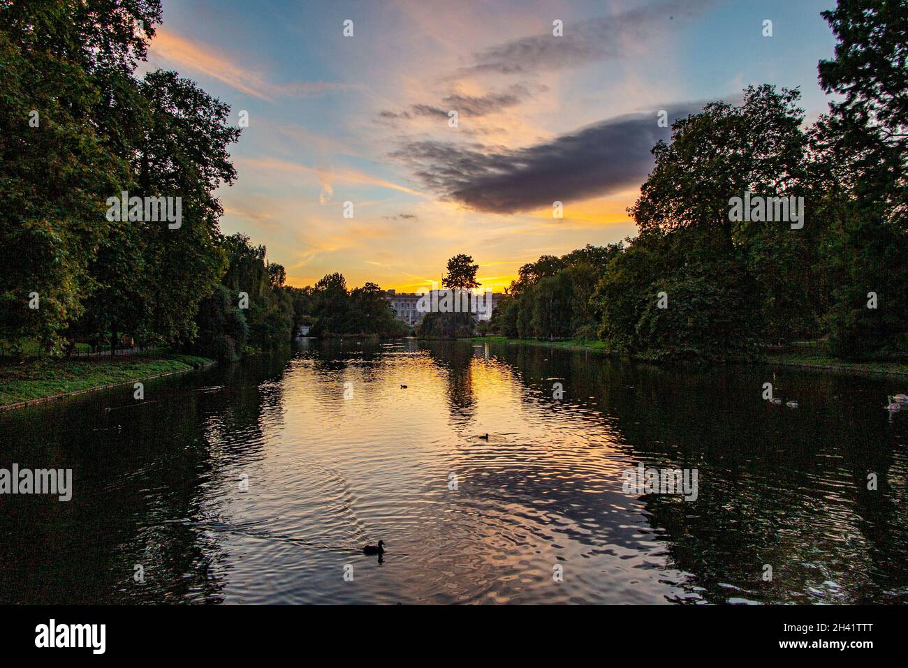 A beautiful sunset over Buckingham Palace and St James Park in lthe ...