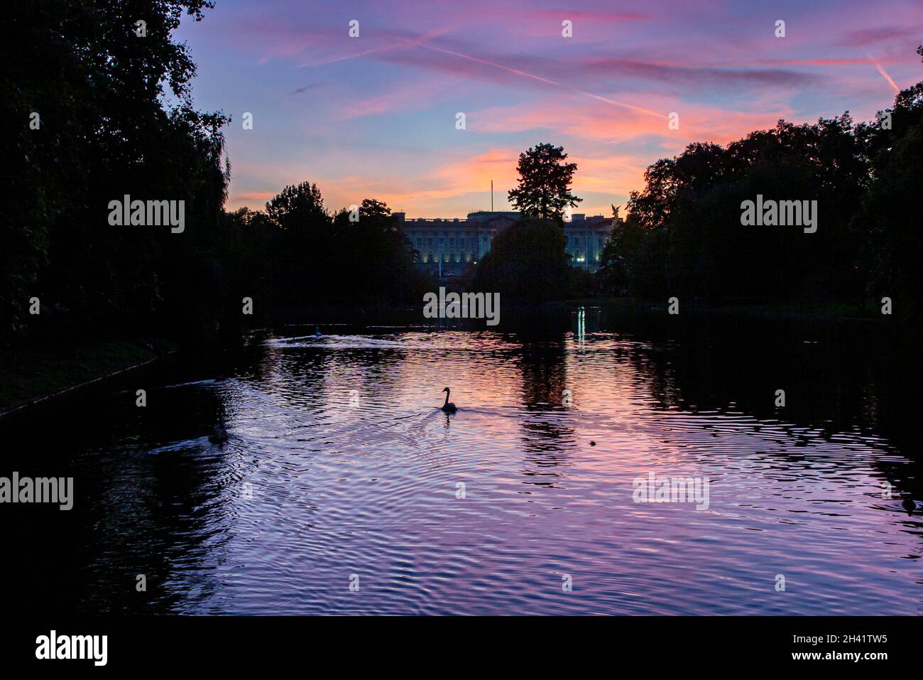 A beautiful sunset over Buckingham Palace and St James Park in lthe ...