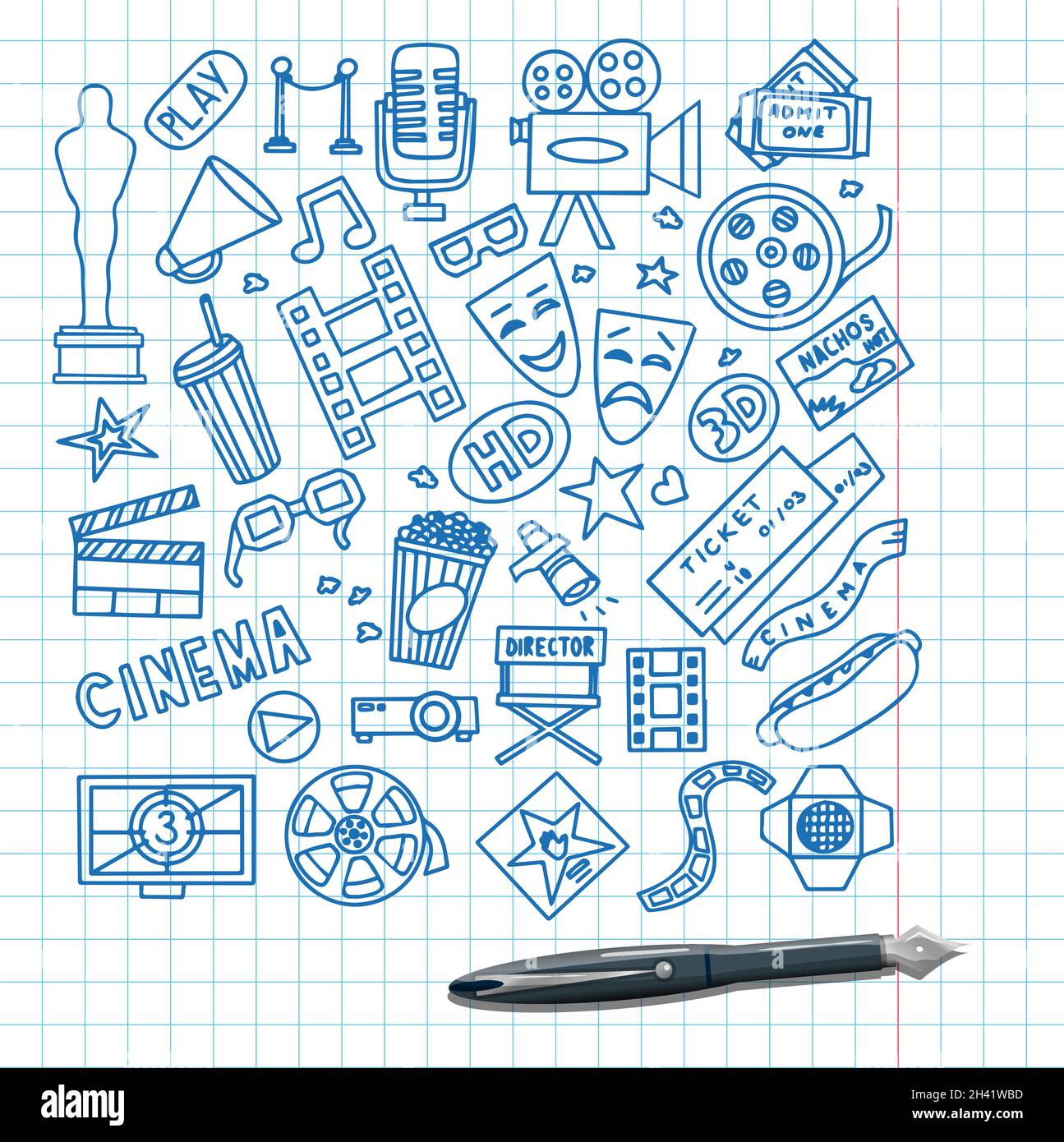 Cinema, TV Shows, Series and Movies Funny Doodle Vector set. Hand drawn ...