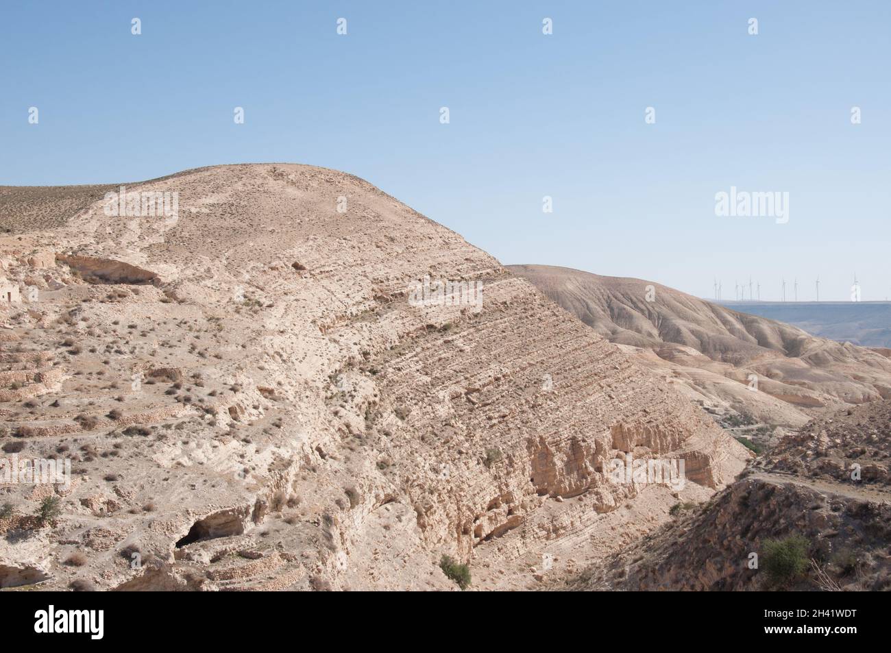 The view from Ash Shubak, Jordan, Middle East. Cave in foreground ...