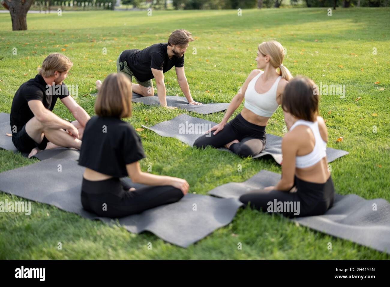 People resting on fitness mats on meadow Stock Photo - Alamy