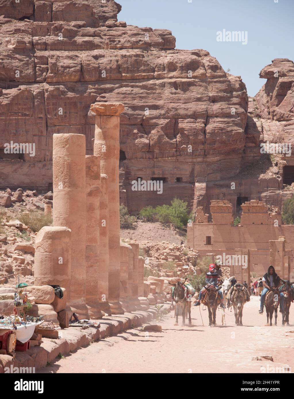The Colonnaded Path, Petra, Jordan, Middle East. People on donkeys ...