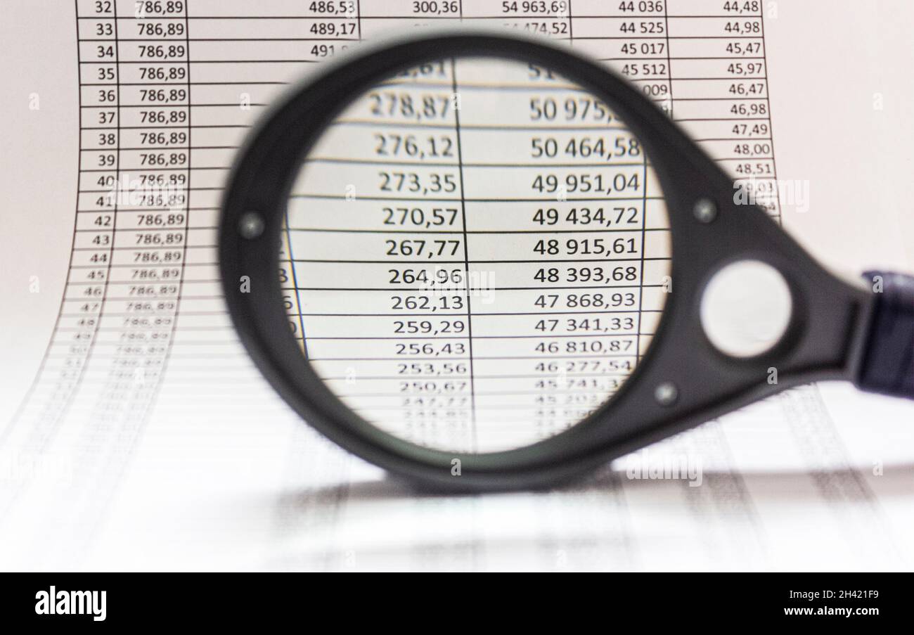 Business chart with magnifying glass, business workplace Stock Photo ...