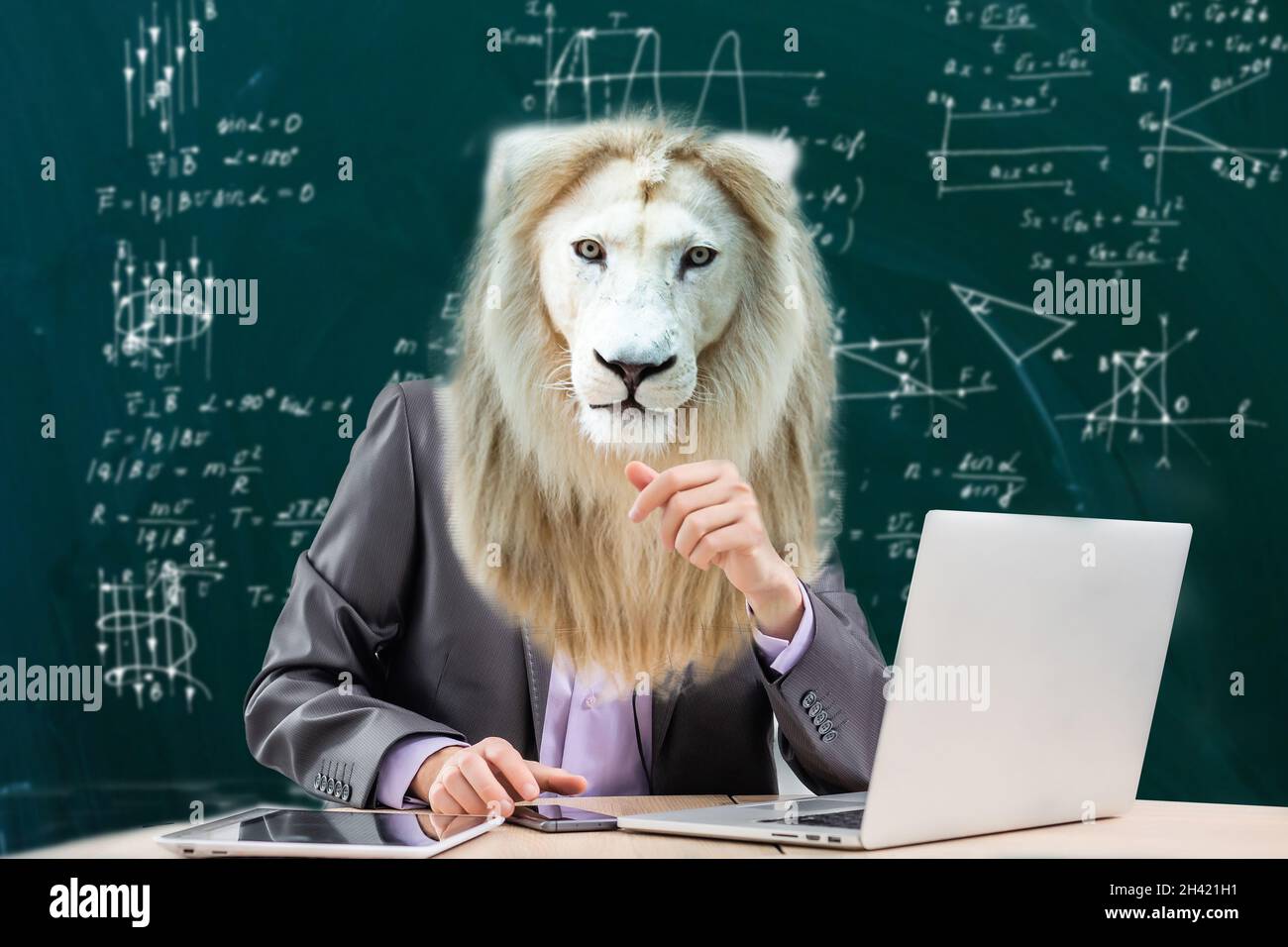 scientist with a lion's head near the blackboard with formulas Stock ...