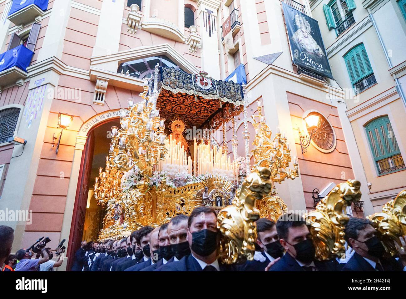 Malaga, Spain. 23rd Oct, 2021. Penitents carry the statue of Maria ...