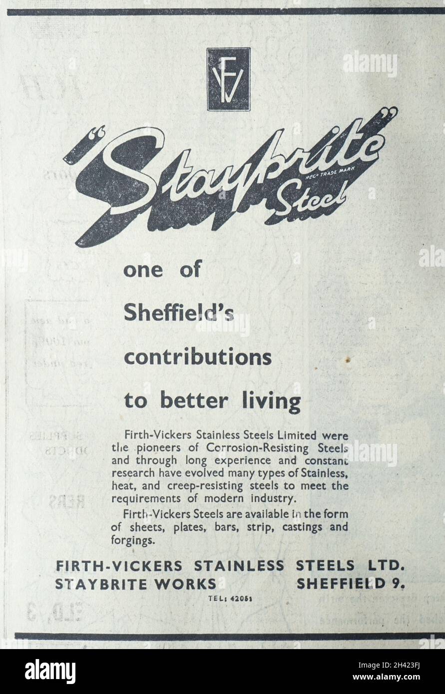 Staybrite Steel, Sheffield stainless steel brand ownde by Firth Vickers ...