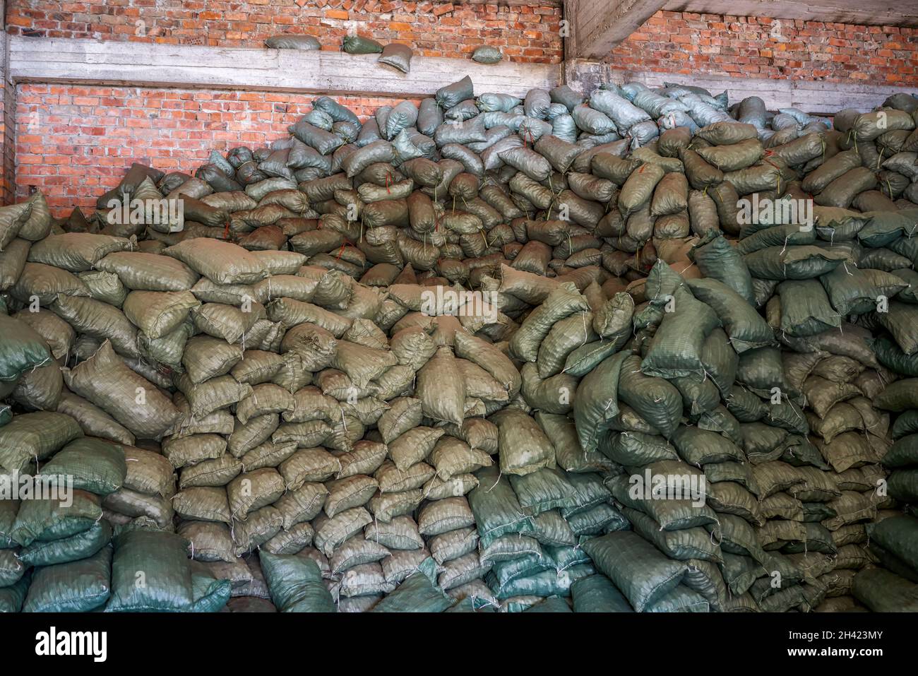 Mountains of sack goods piled up in the chemical warehouse Stock Photo ...