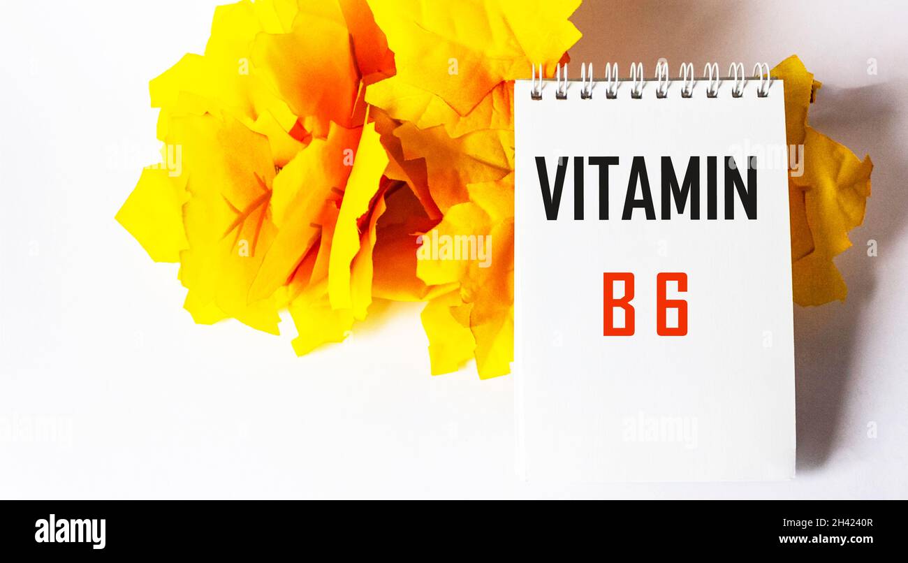 The word vitamin B6 is written on a notebook on a white background ...