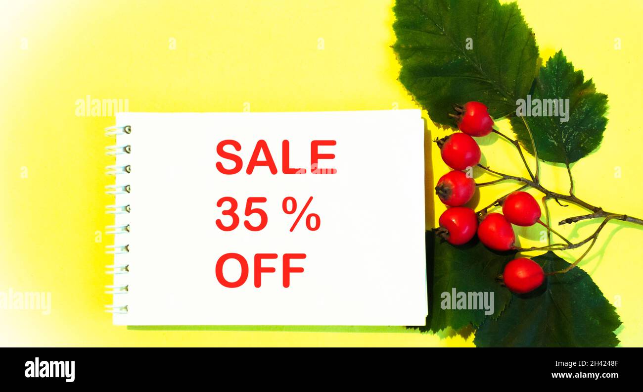 35 percentage discount in a notebook on an autumn background Stock ...
