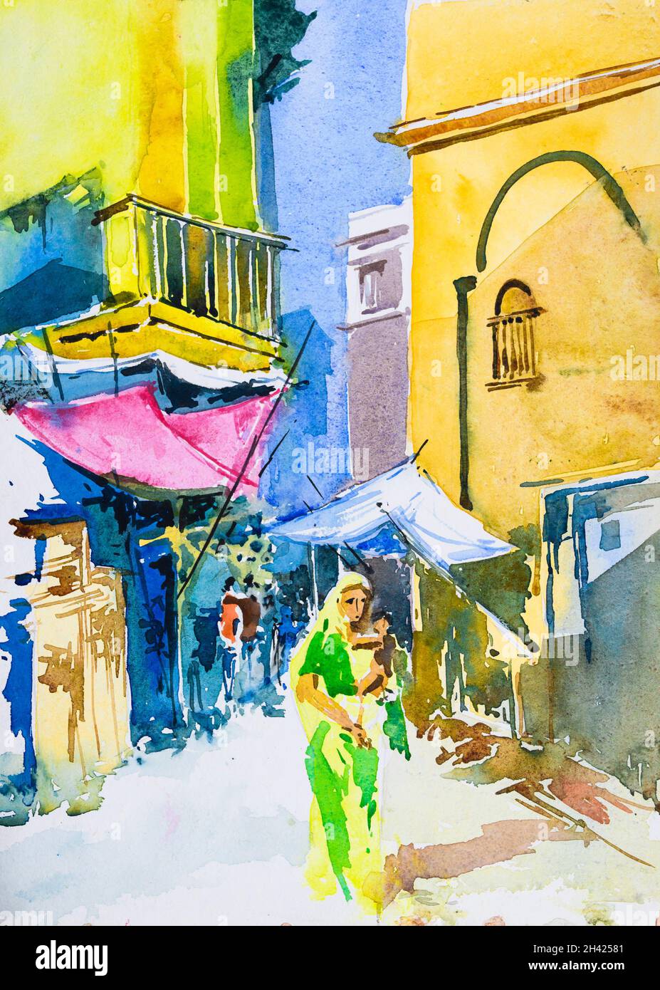 Watercolor painting of busy countryside lane, in a sunny morning. Hand ...