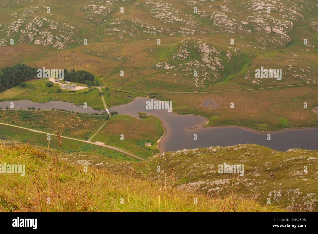 Looking down from Ben Stack, Sutherland, Scotland, to the winding ...