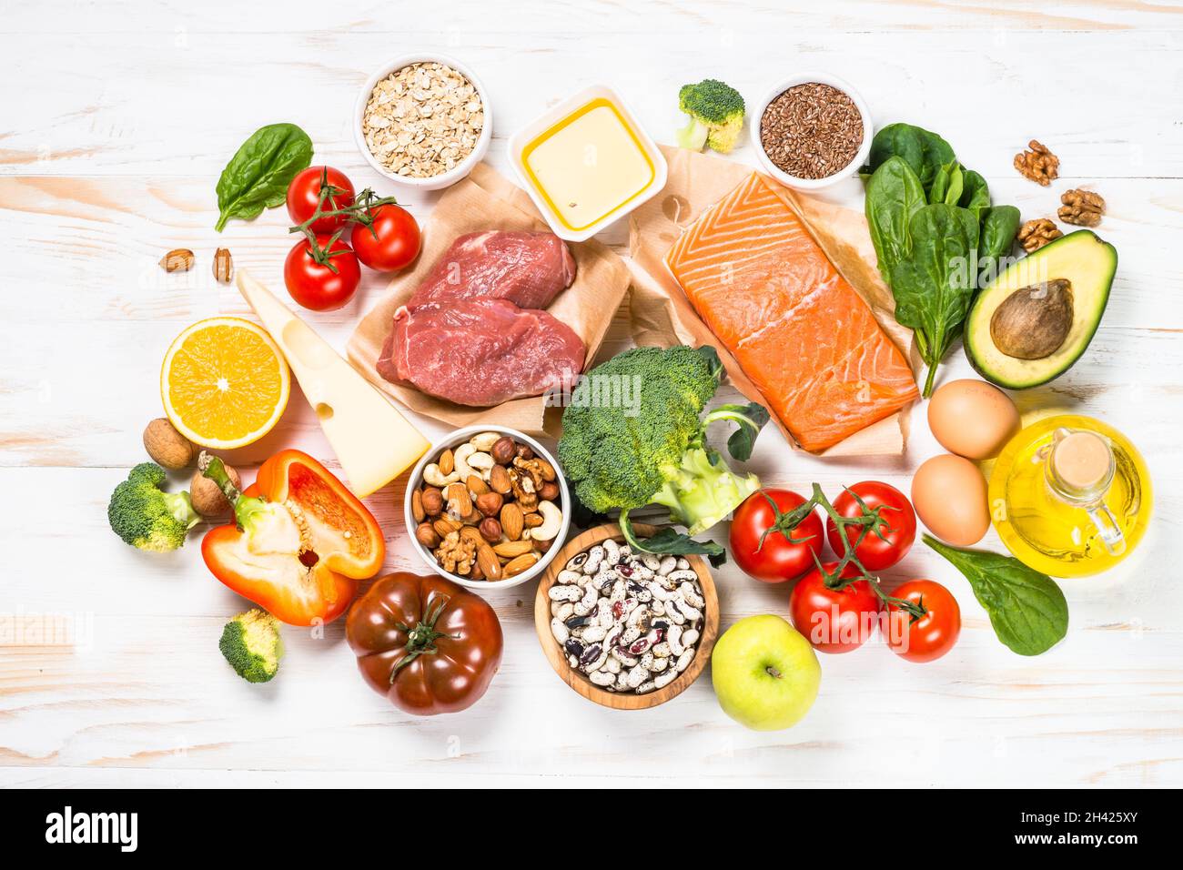 Healthy food products at white background top view Stock Photo - Alamy