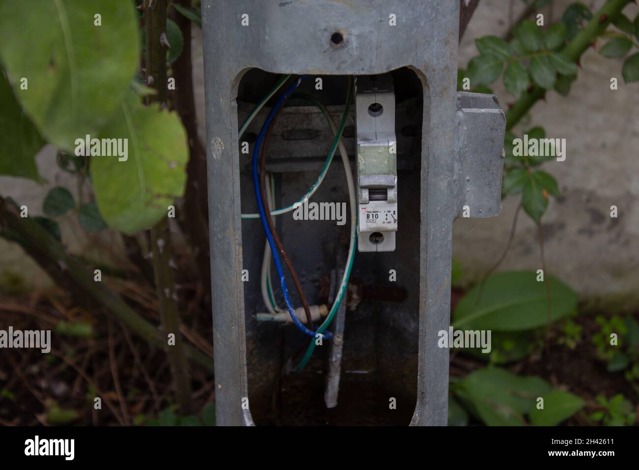 Electrical switch of a street light. Open and dangerous for inhabitants ...