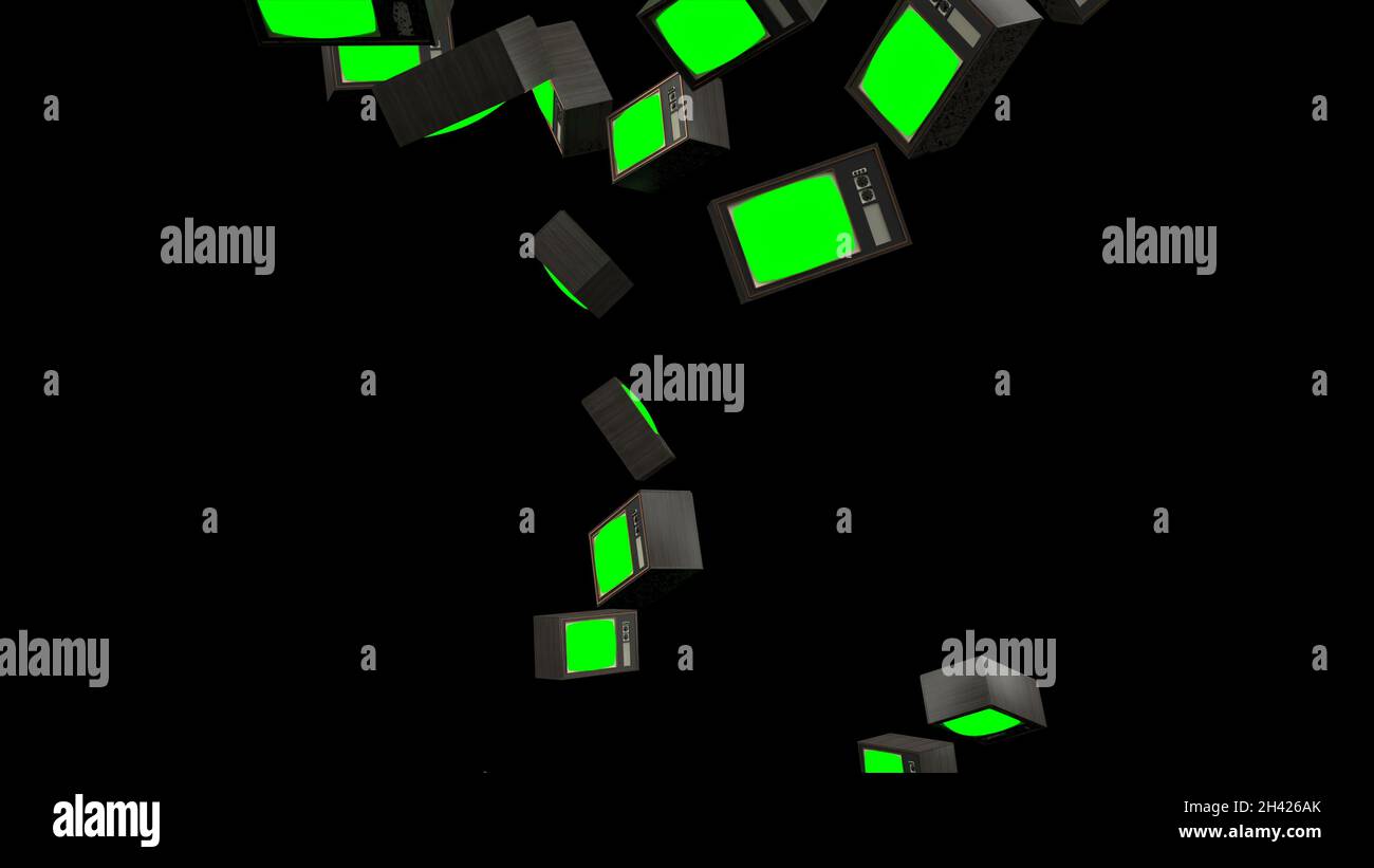Retro old TV box fall Green screen on black back 3d render Stock Photo ...