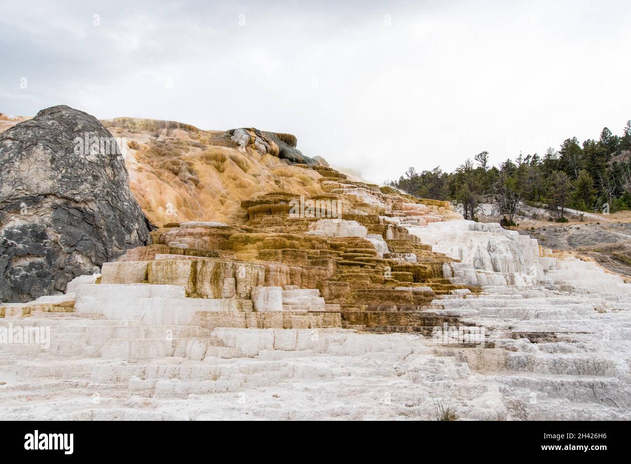 Scenic lifeless calcium terraces at Mammoth Hot Springs, Yellowstone ...