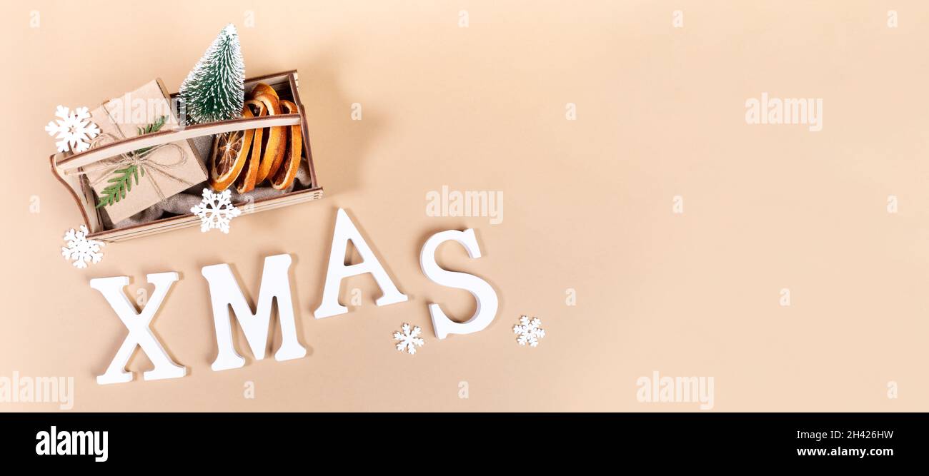 Top view to wooden box with Christmas decorations decorative Xmas tree ...