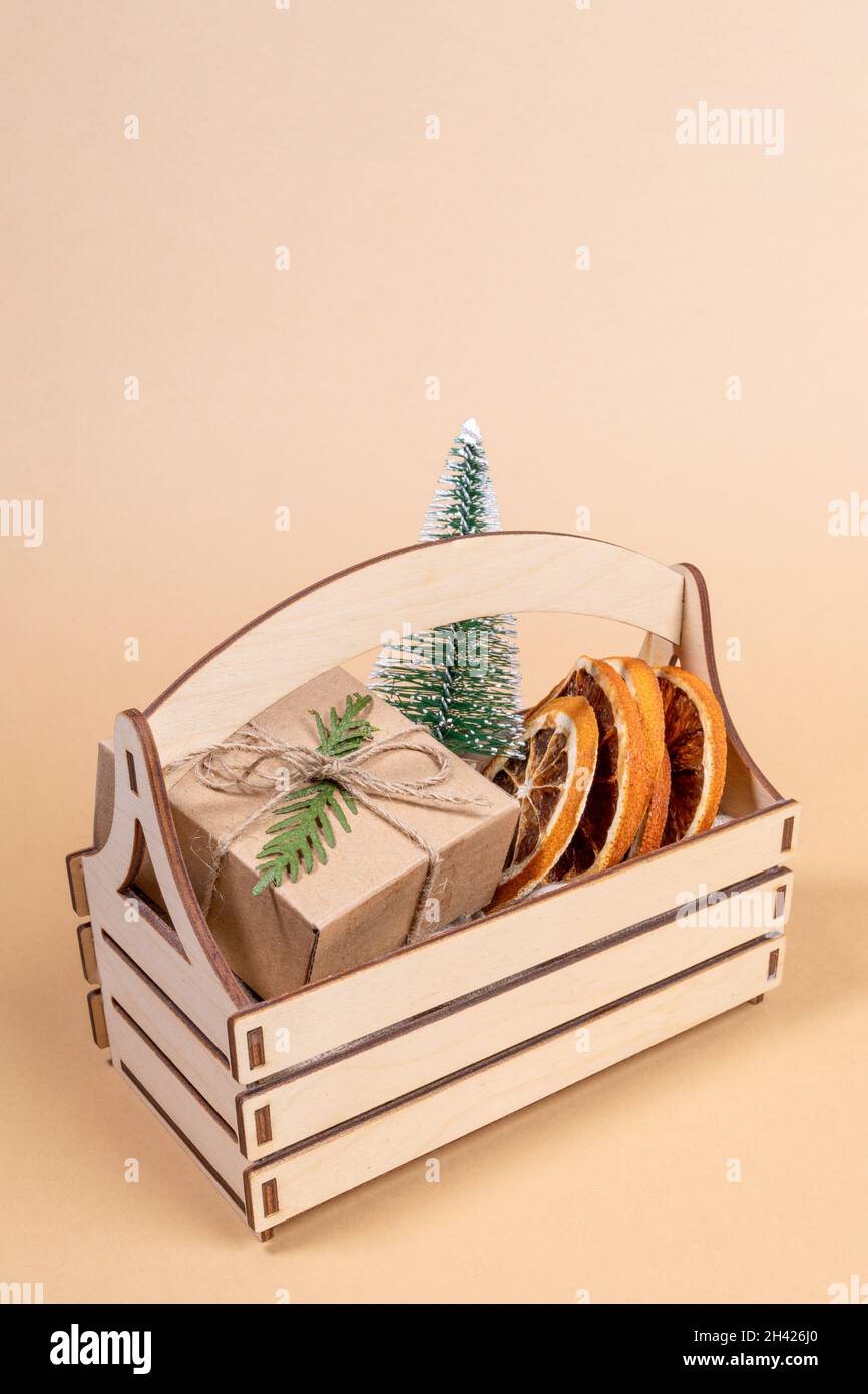 Small wooden box with Christmas decorations - decorative Xmas tree, dry ...